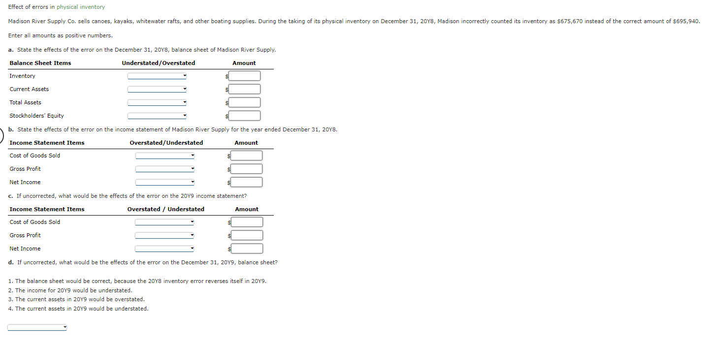Solved Effect of errors in physical inventory Enter all | Chegg.com