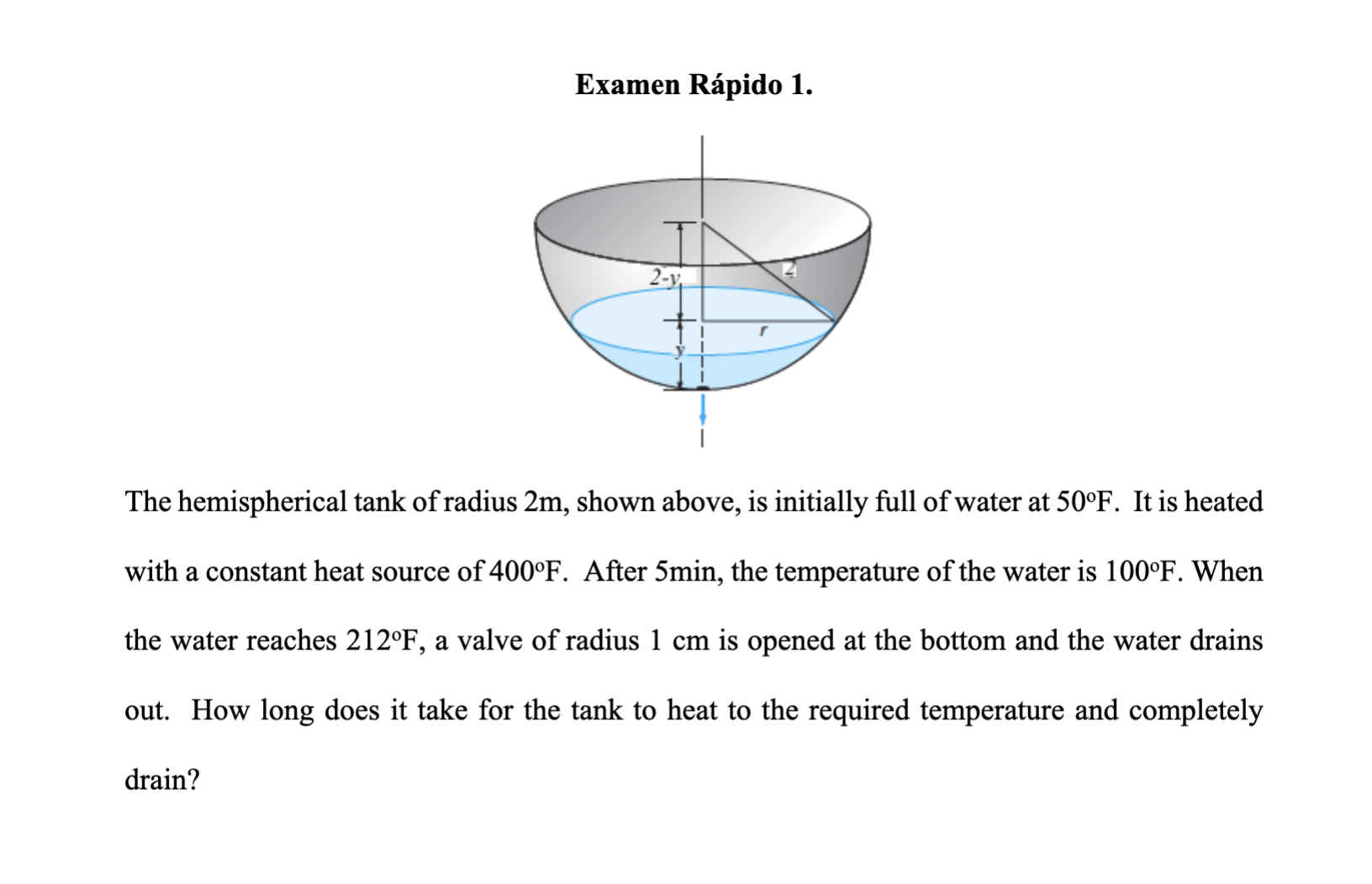 Solved The hemispherical tank of radius 2m, ﻿shown above, is | Chegg.com