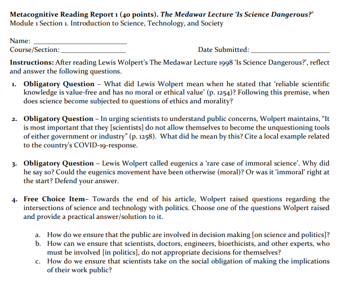 Metacognitive Reading Report 1 (40 points). The | Chegg.com