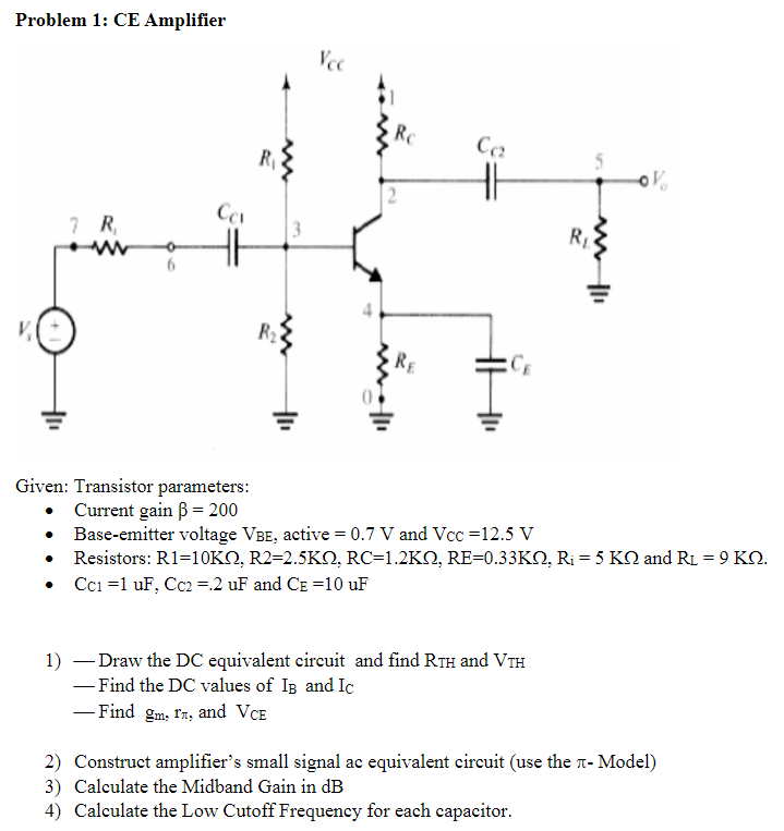 Solved Problem 1: CE Amplifier Given: Transistor parameters: | Chegg.com