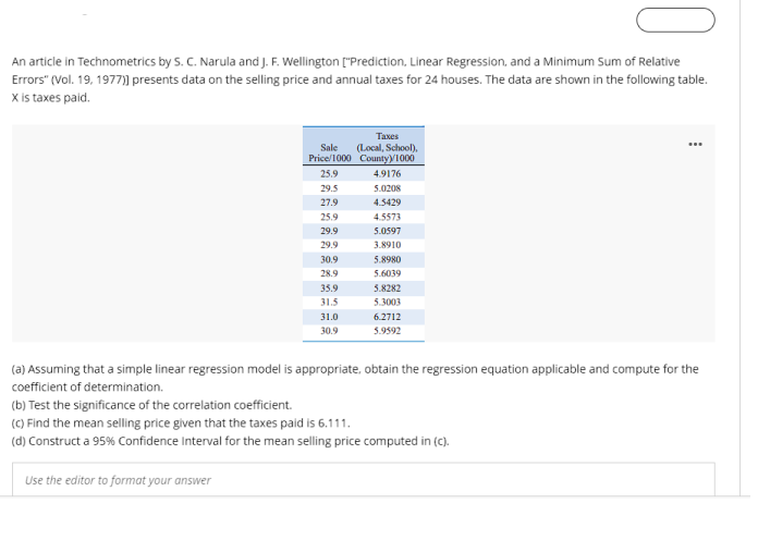 Solved An article in Technometrics by S. C. Narula and J. F. | Chegg.com