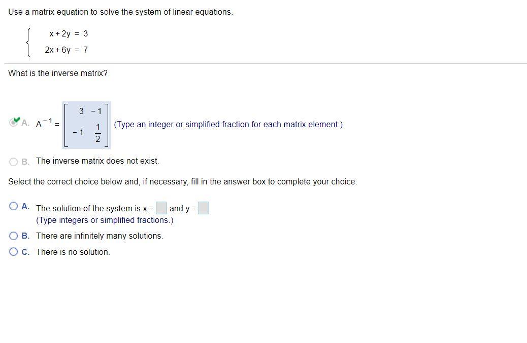 Solved Use a matrix equation to solve the system of linear | Chegg.com