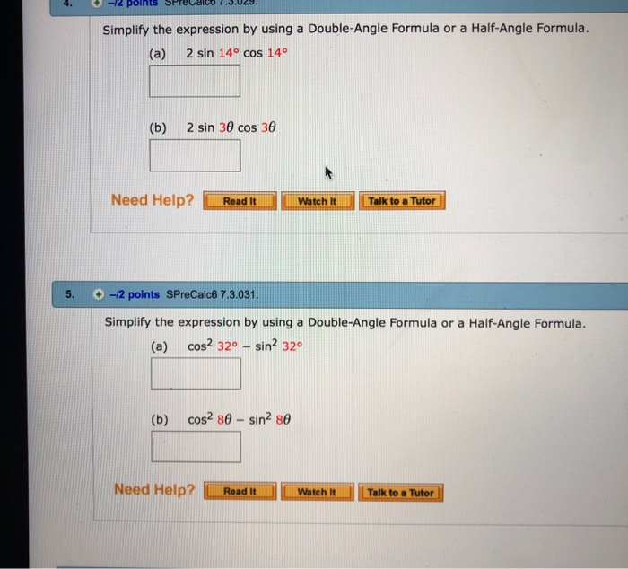 Solved Simplify the expression by using a Double-Angle | Chegg.com