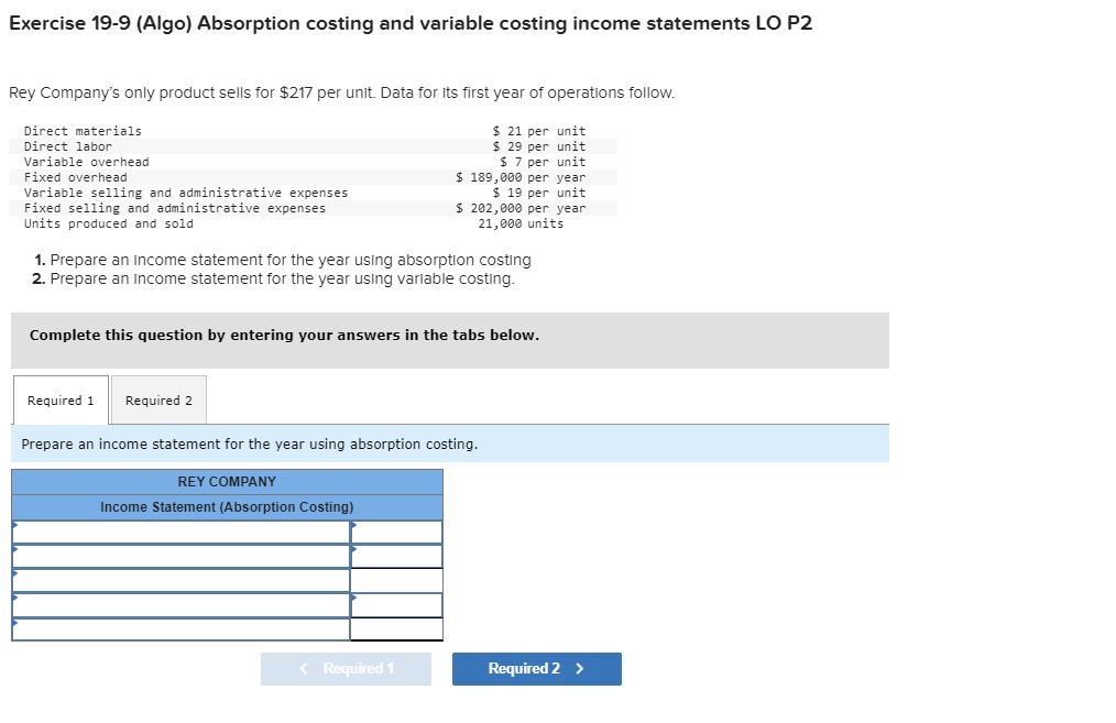 Solved Exercise 19-9 (Algo) ﻿Absorption costing and variable | Chegg.com