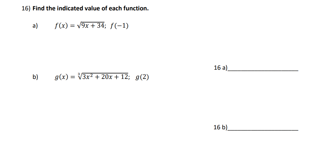 Solved 16) Find the indicated value of each function. a) | Chegg.com