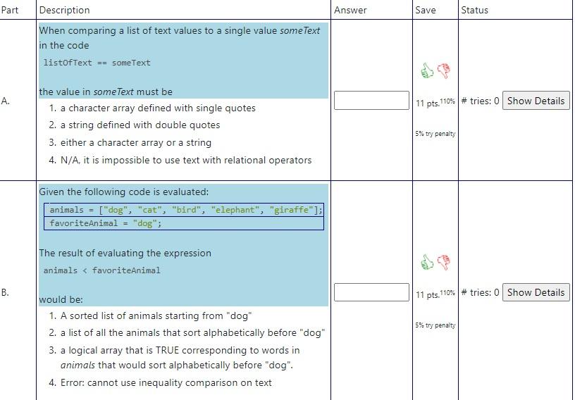 Solved Part Answer Save Status Description When comparing a | Chegg.com