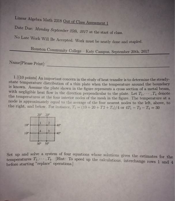 Solved Linear Algebra Math 2318 Out of Class Assessment 1 | Chegg.com