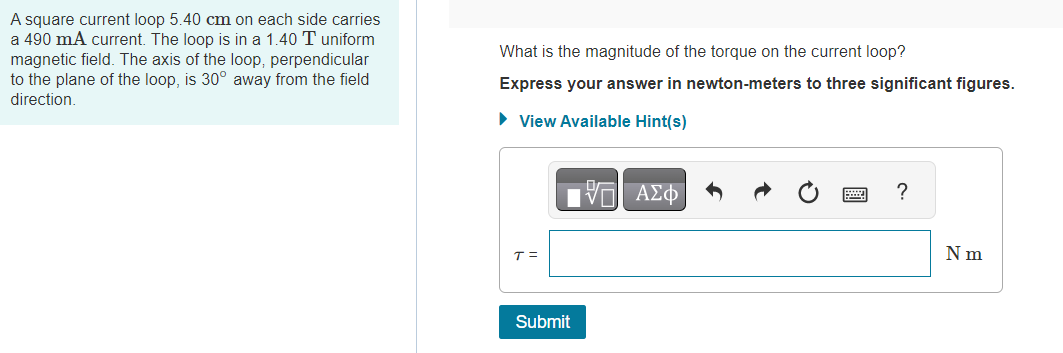 Solved A square current loop 5.40 cm on each side carries a | Chegg.com