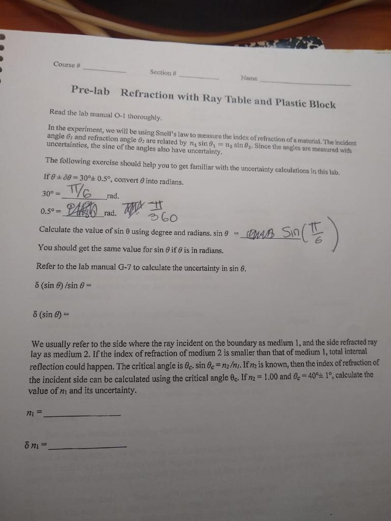 Solved Course # Section Name Pre-lab Refraction with Ray | Chegg.com