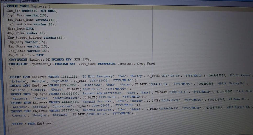 Solved CREATE TABLE Employee ( Emp_SSI number (9) HOT HULL, | Chegg.com