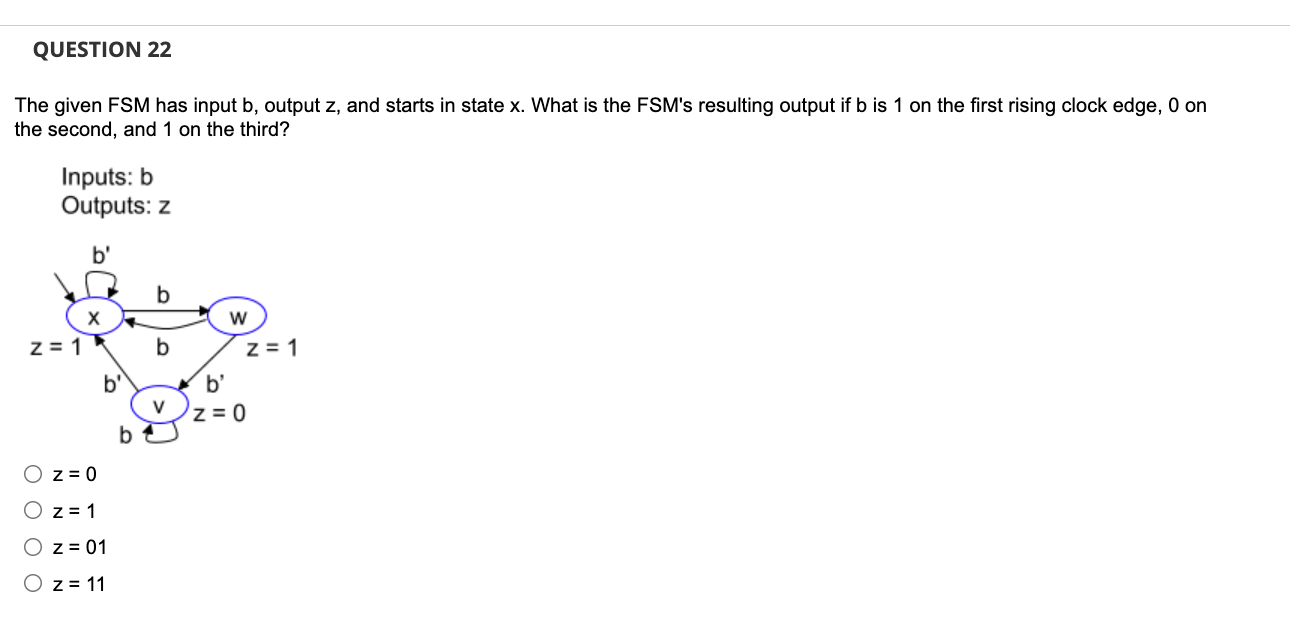 Solved QUESTION 22 The given FSM has input b, output z, and | Chegg.com