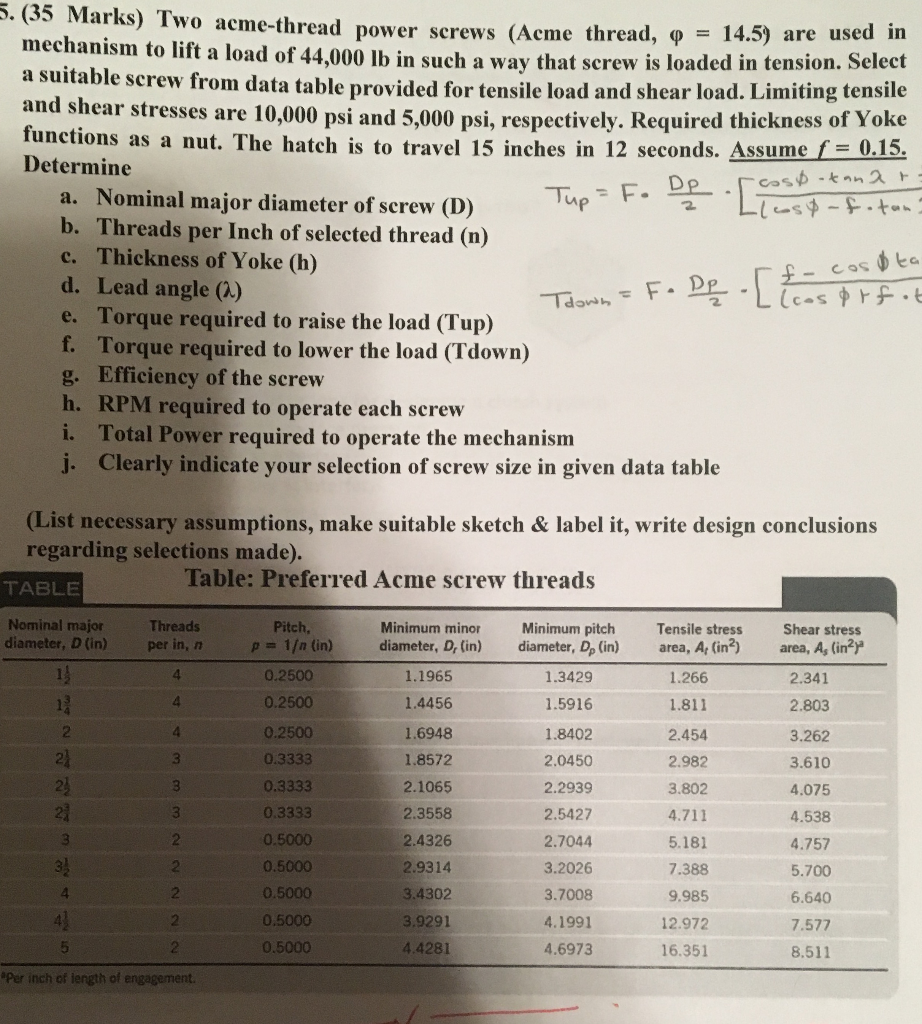 5 ,(35 Marks) Two acme-thread power screws (Acm e | Chegg.com