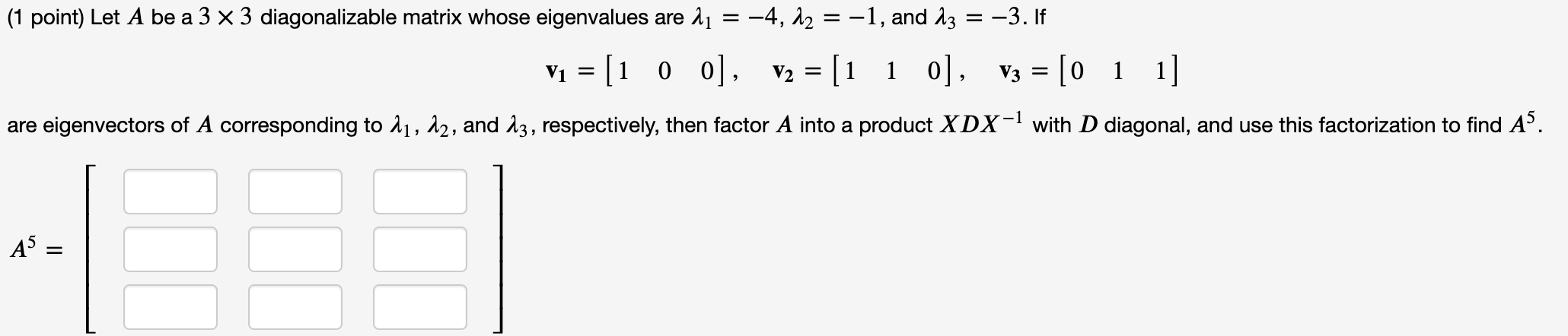 Solved (1 point) Let A be a 3 x 3 diagonalizable matrix | Chegg.com