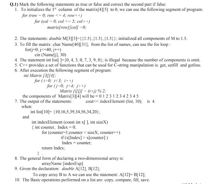 Solved Q.1) Mark the following statements as true or false | Chegg.com