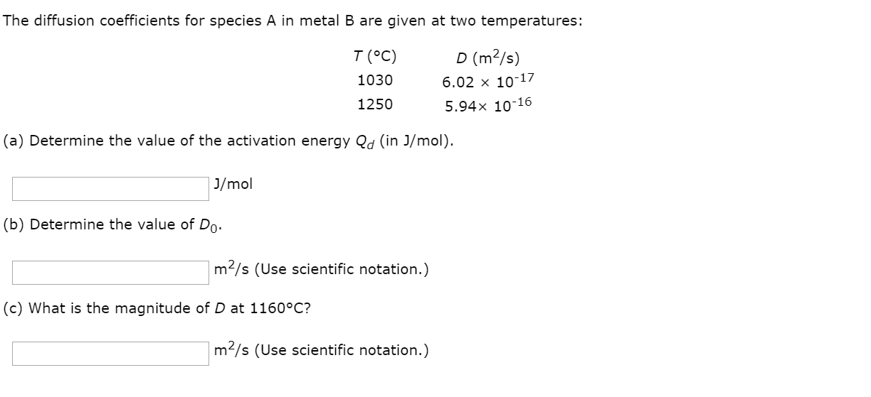 Solved The diffusion coefficients for species A in metal B | Chegg.com