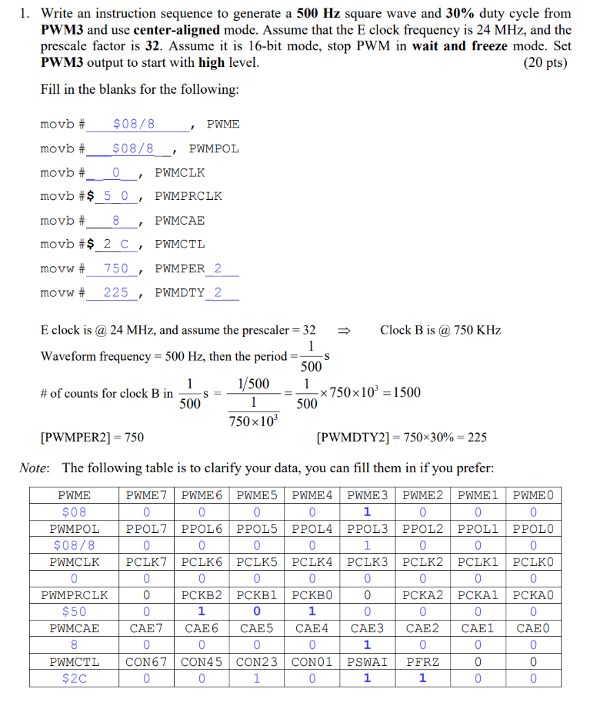 1. Write an instruction sequence to generate a 500 Hz | Chegg.com