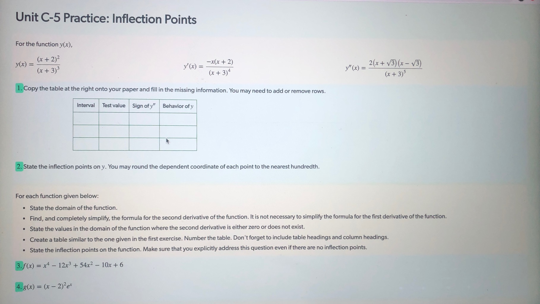 Solved Unit C-5 Practice: Inflection Points For the function | Chegg.com