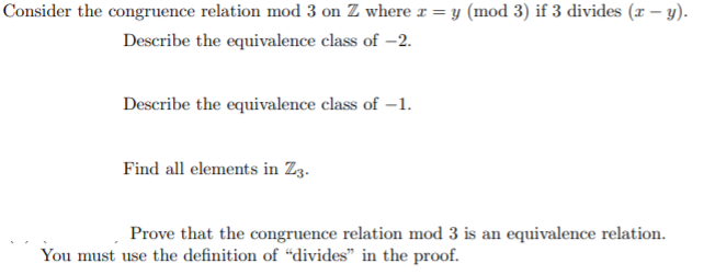 Solved Consider the congruence relation mod 3 on Z where r = | Chegg.com