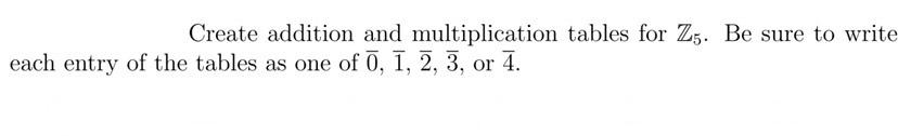Solved Create addition and multiplication tables for Z5. Be | Chegg.com