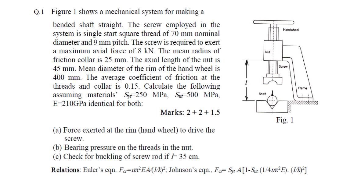 Solved Handwheel Nut Q.1 Figure 1 shows a mechanical system | Chegg.com