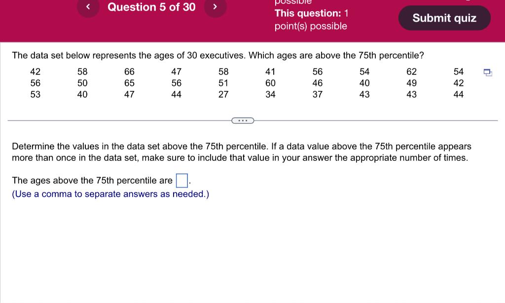 Solved Determine The Values In The Data Set Above The 75th
