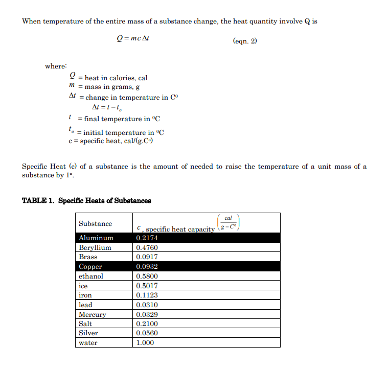 EXPERIMENT NO. 106 SPECIFIC HEAT INTRODUCTION Heat | Chegg.com
