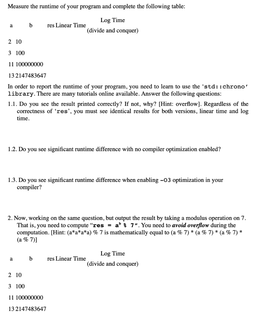Measure the runtime of your program and complete the | Chegg.com