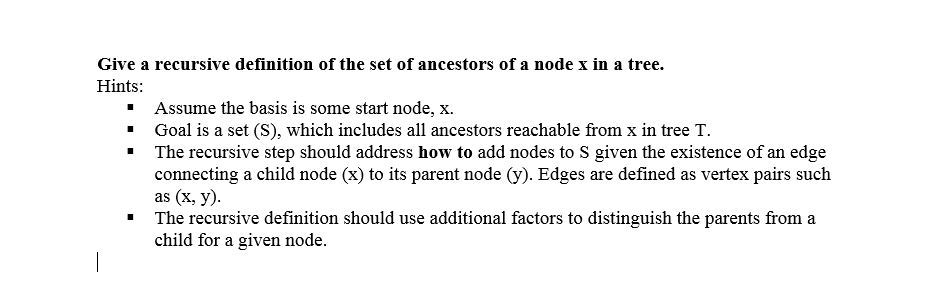 Solved Give a recursive definition of the set of ancestors | Chegg.com