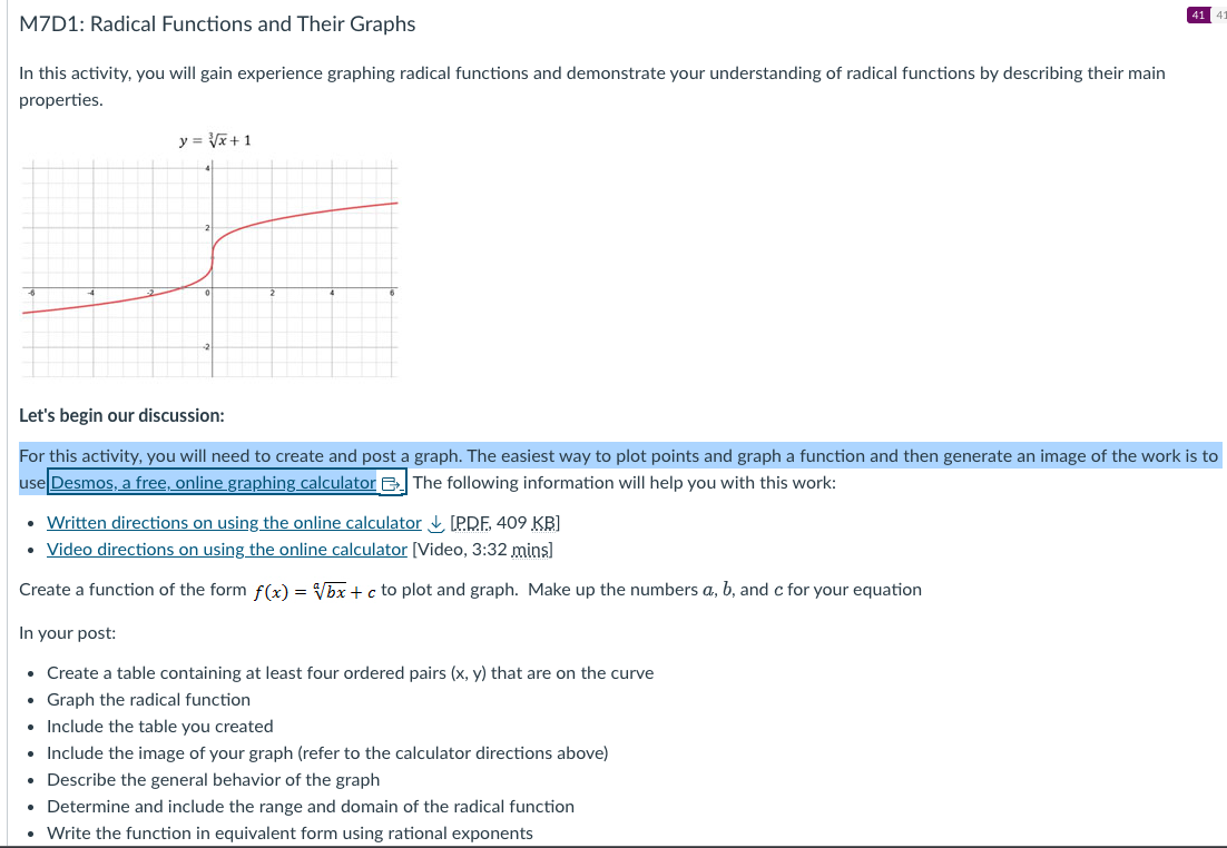 Solved M7D1: Radical Functions and Their Graphs 41 In this | Chegg.com