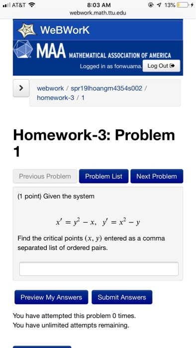 Solved AT&T 8:03 AM webwork.math.ttu.edu WeBWorK MAA | Chegg.com