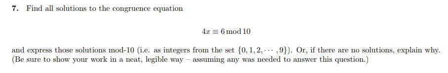 Solved 7. Find all solutions to the congruence equation | Chegg.com