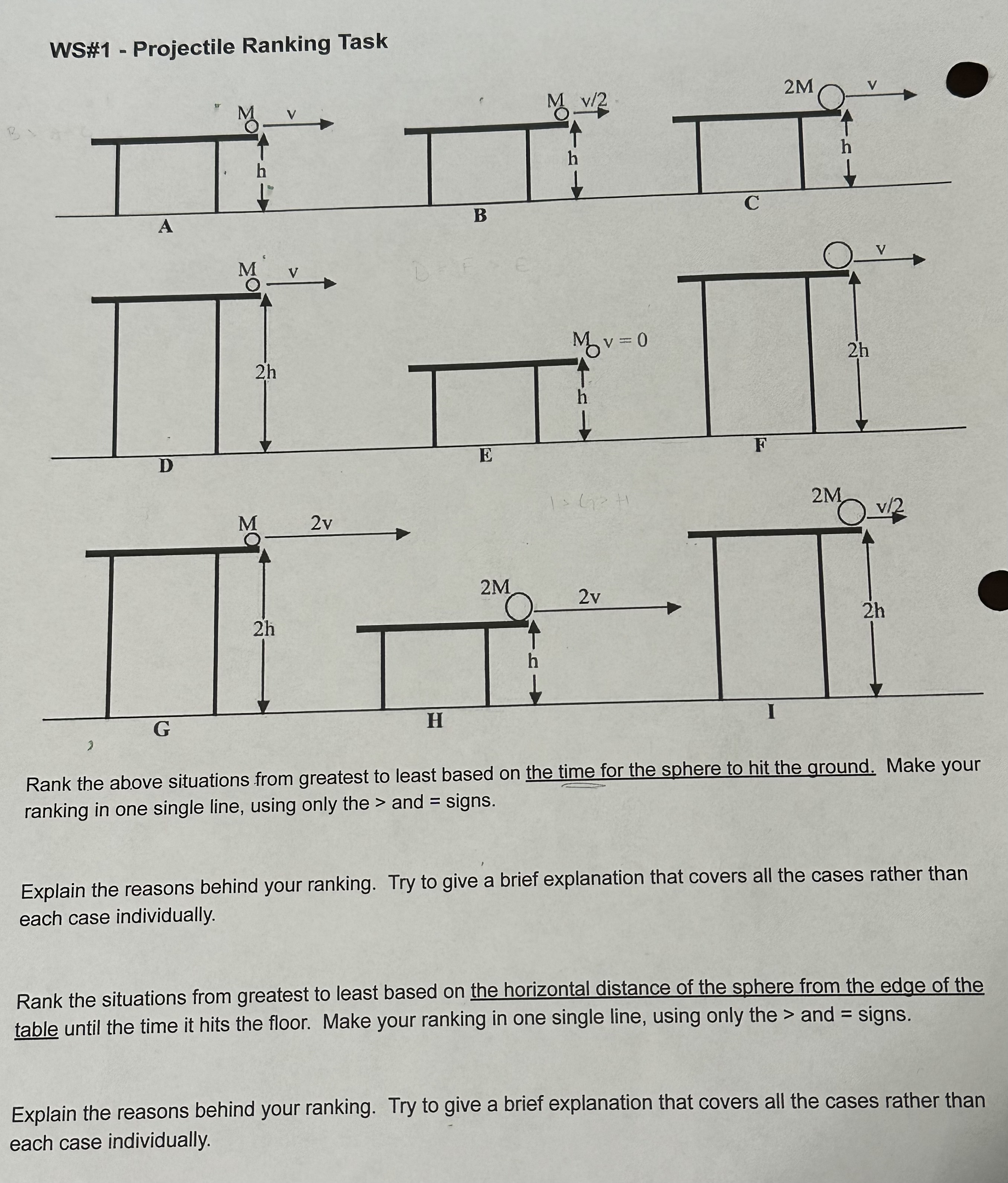 Solved WS\#1 - Projectile Ranking Task Rank the above | Chegg.com