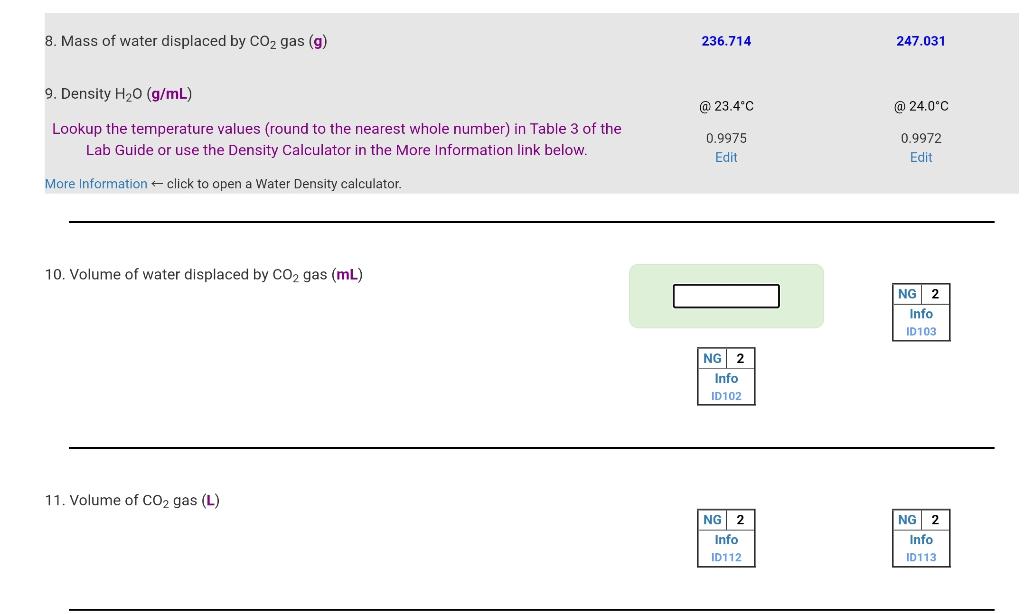 Solved 10. Volume of water displaced by CO2 gas (mL) 11. | Chegg.com
