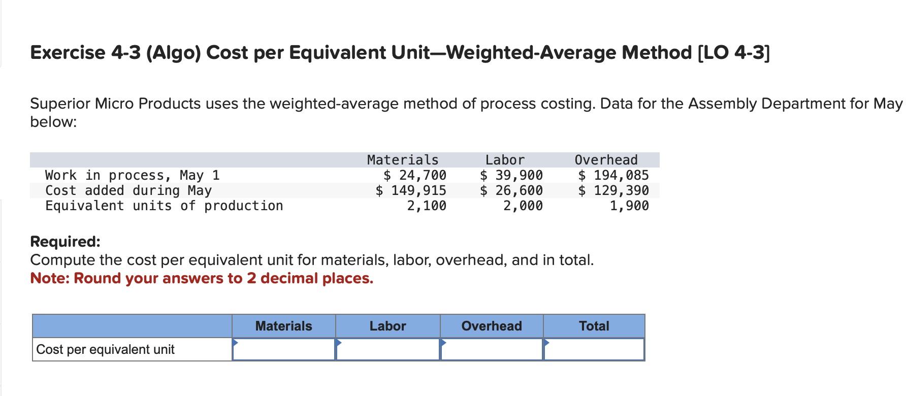 Solved Exercise 4-3 (Algo) Cost per Equivalent | Chegg.com