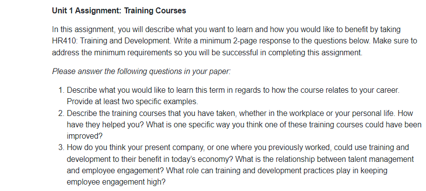 Solved Unit 1 Assignment: Training Courses In this | Chegg.com