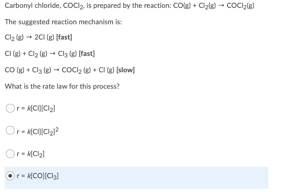 Solved Carbonyl chloride, COCl2, is prepared by the | Chegg.com