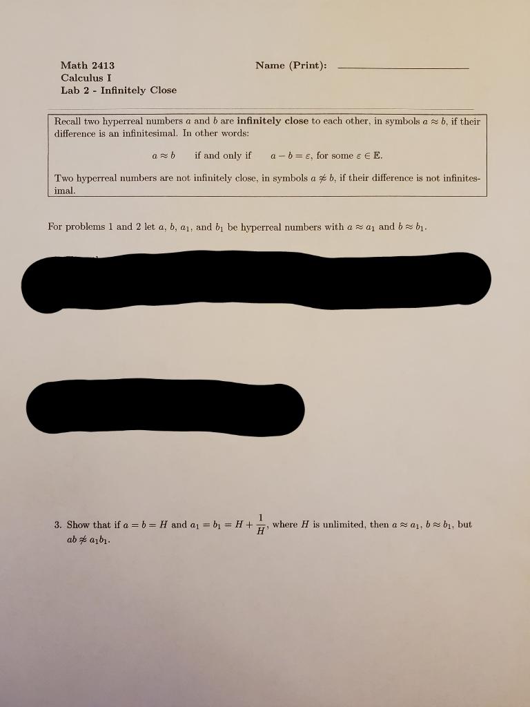 Solved Name (Print): Math 2413 Calculus I Lab 2 - Infinitely | Chegg.com