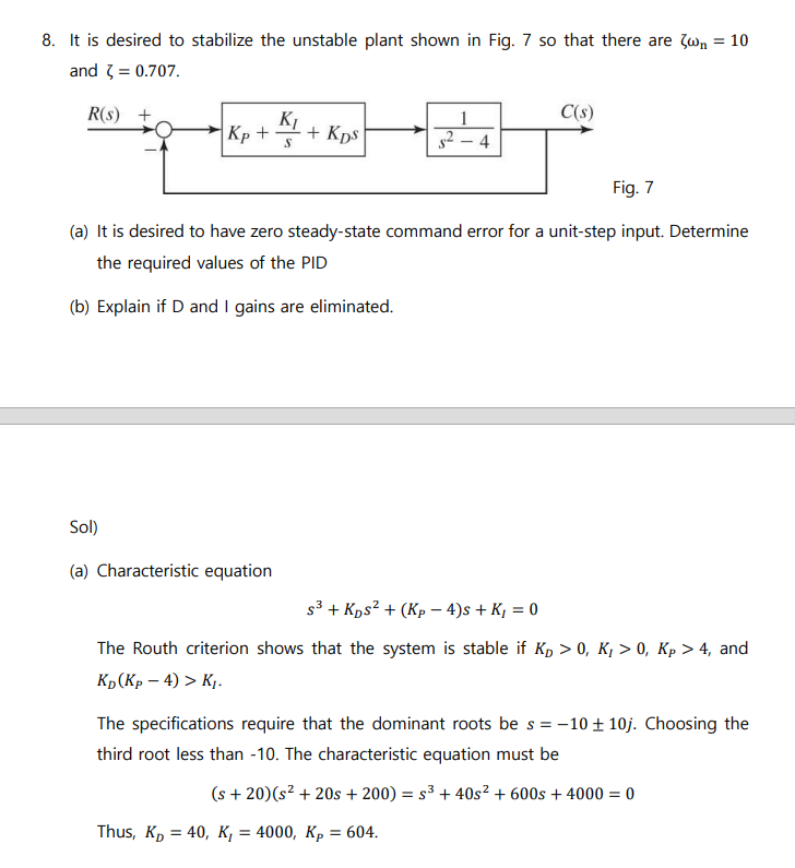 Solved 8. It is desired to stabilize the unstable plant | Chegg.com