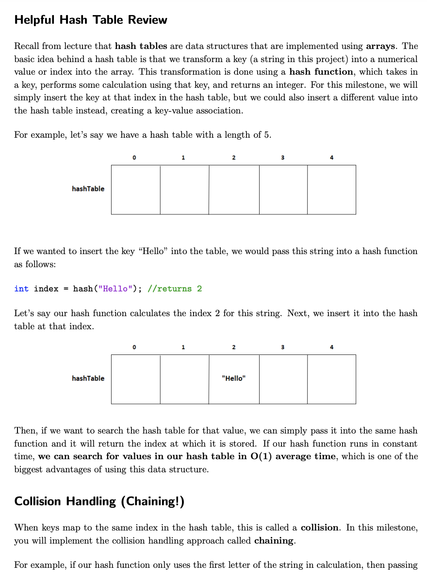 Solved 2 Hash Tables For this milestone, you'll be | Chegg.com