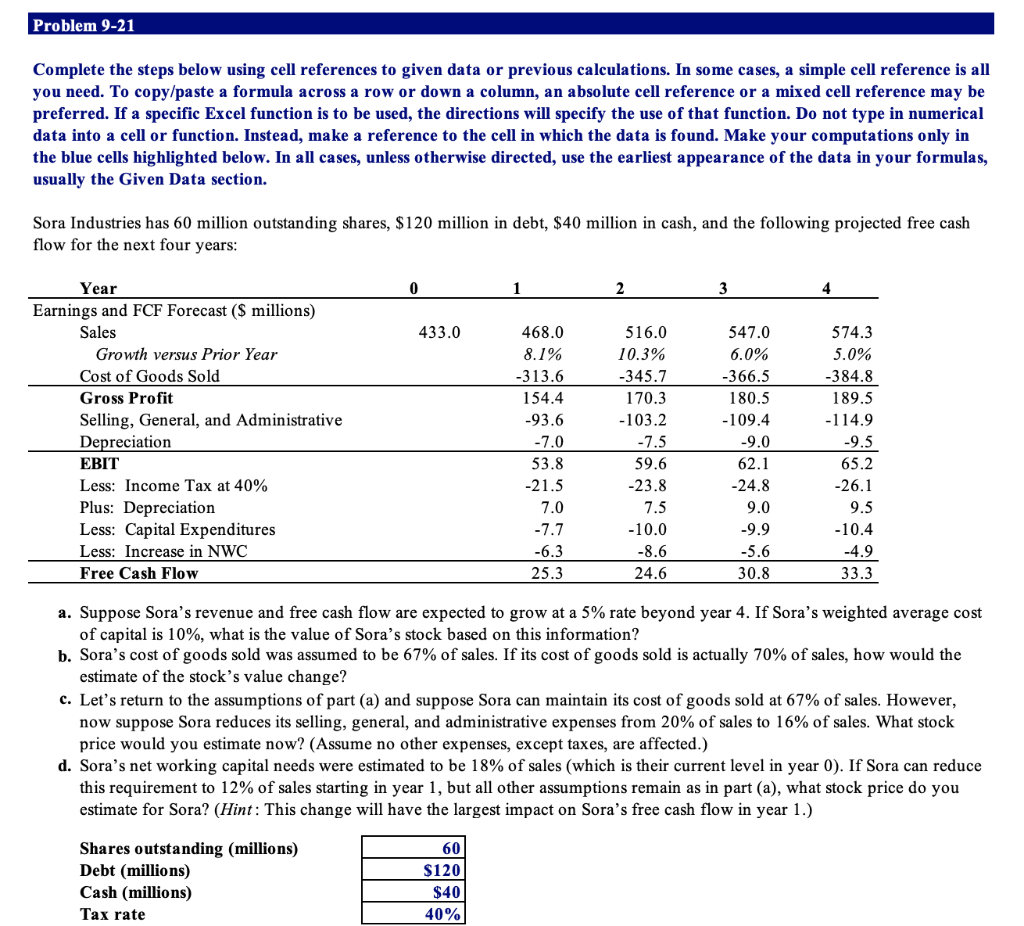 Solved Problem 9-21 Complete the steps below using cell | Chegg.com