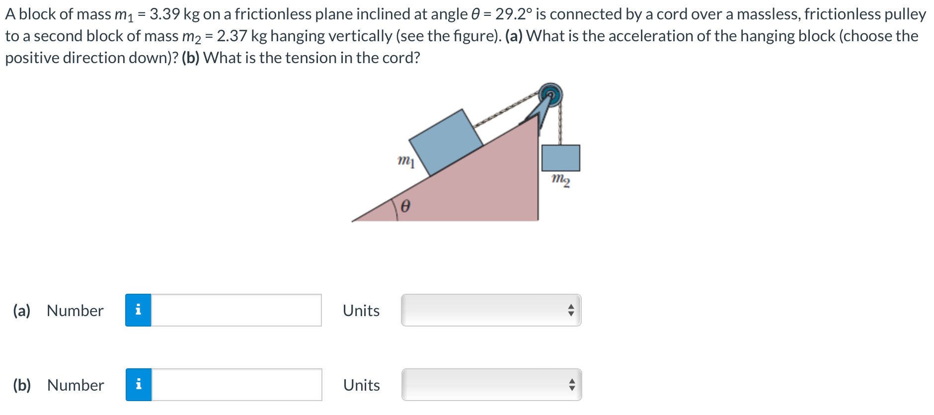 Solved A block of mass m1=3.39 kg on a frictionless plane | Chegg.com