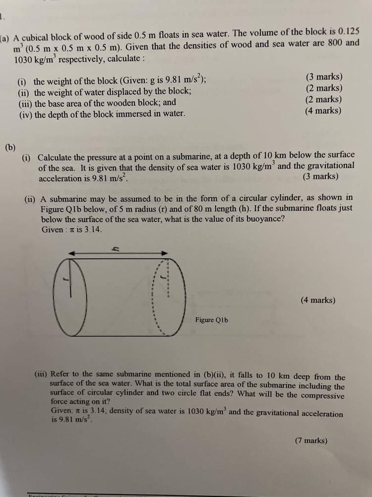 Solved a) A cubical block of wood of side 0.5 m floats in | Chegg.com
