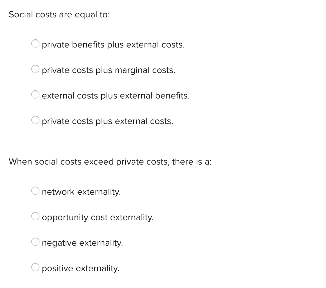 Solved Social costs are equal to: O private benefits plus | Chegg.com