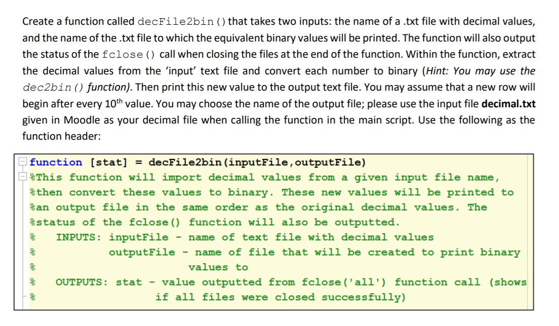Create a function called decFile2bin () that takes | Chegg.com