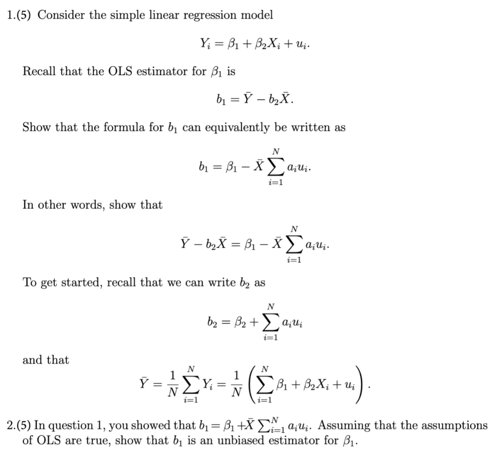 Solved 1.(5) Consider the simple linear regression model Y; | Chegg.com
