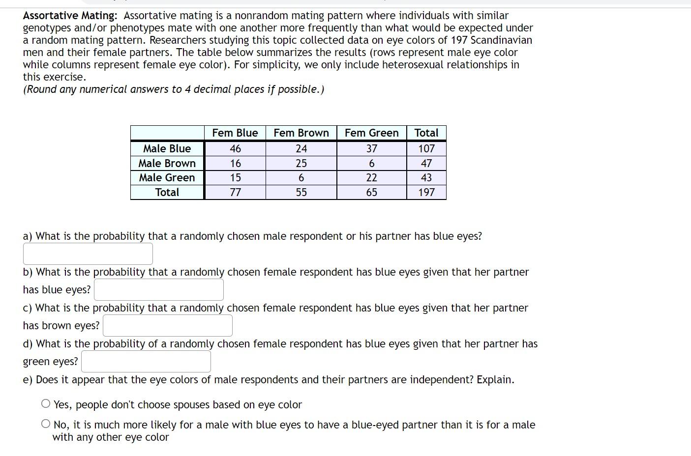 Solved Assortative Mating: Assortative mating is a nonrandom | Chegg.com