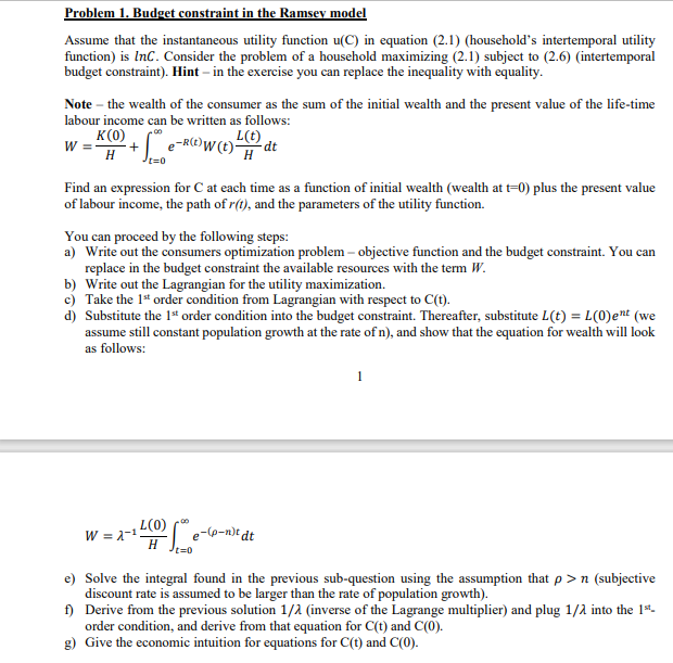 Problem 1. Budget constraint in the Ramsey model | Chegg.com