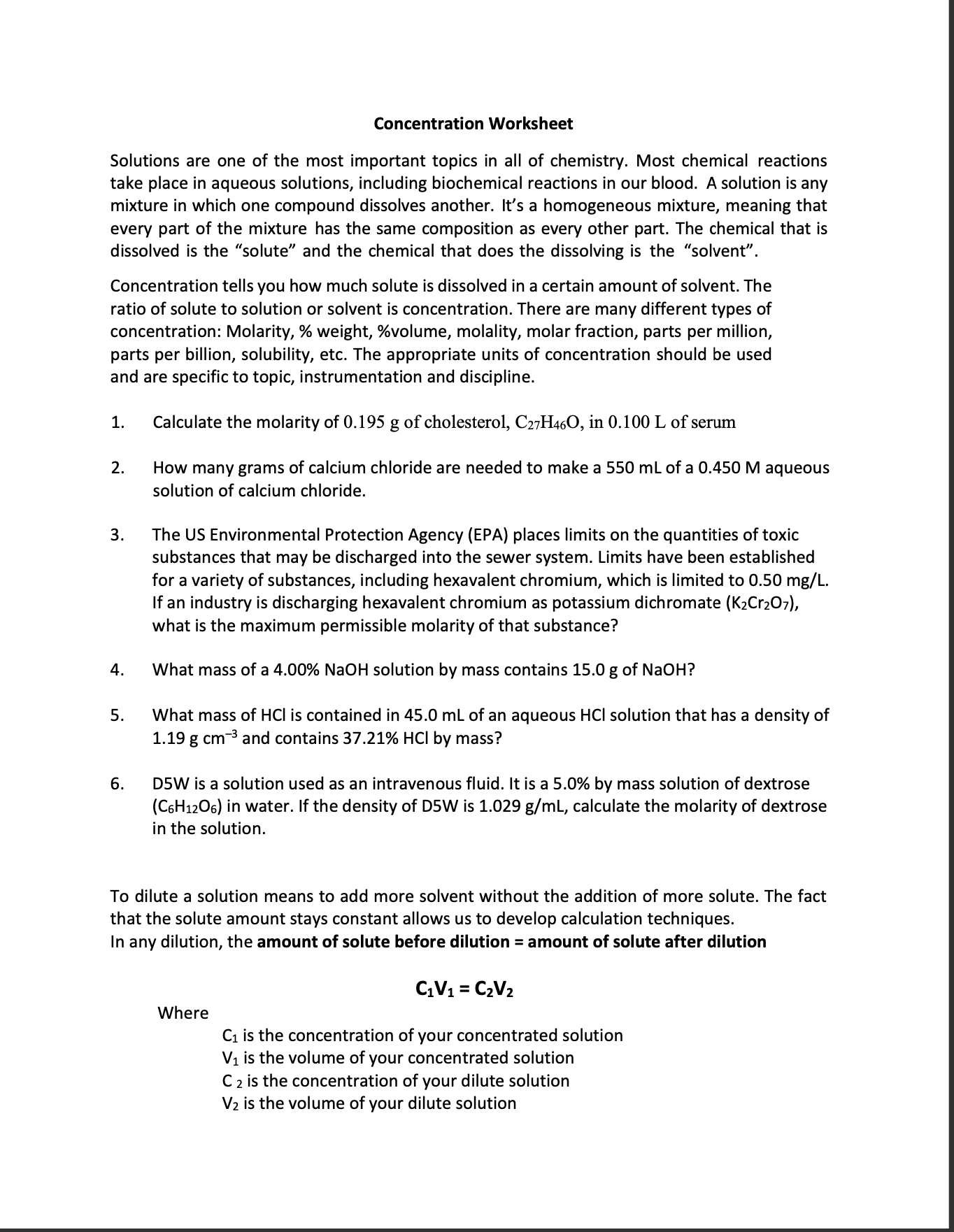 Solved Concentration Worksheet Solutions are one of the most | Chegg.com