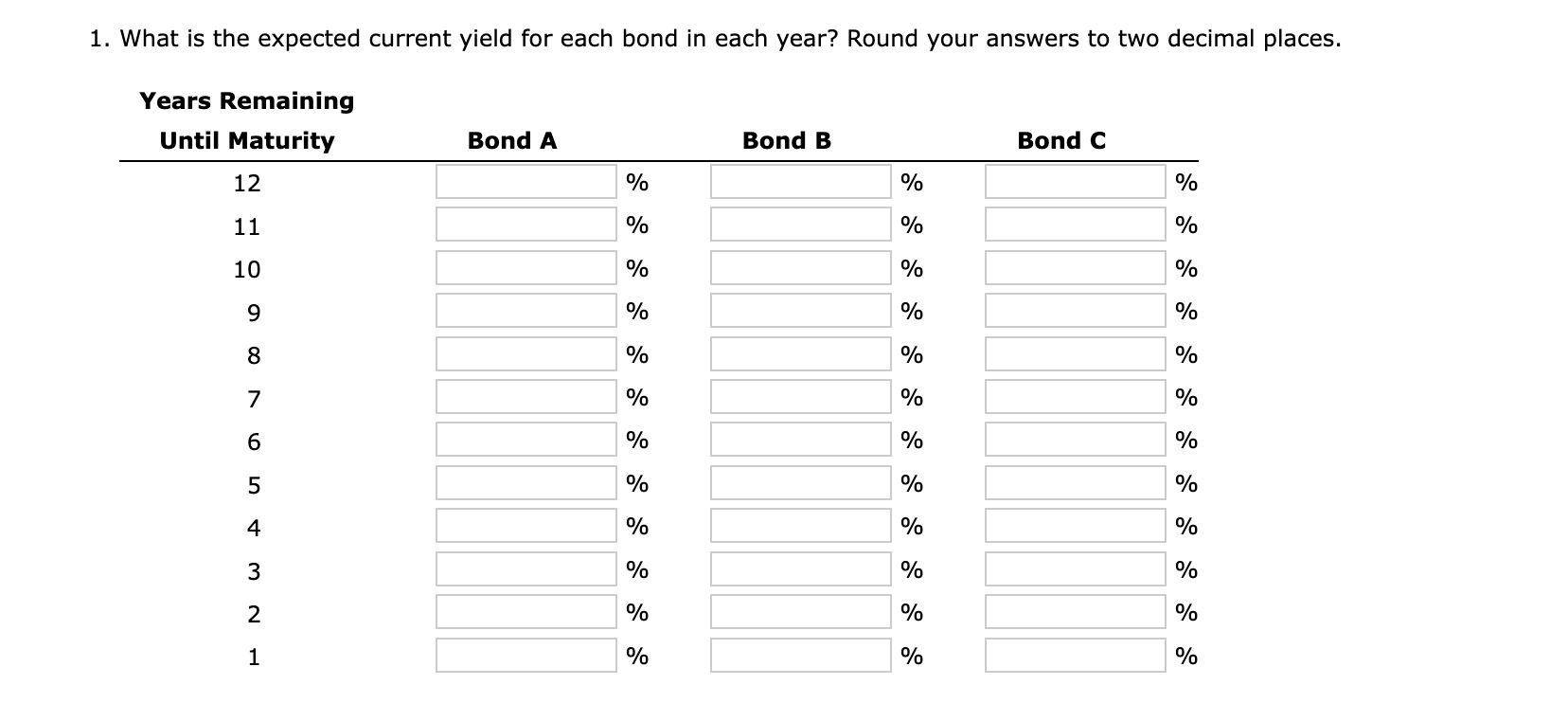 Solved 1. What is the expected current yield for each bond | Chegg.com