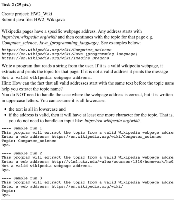 Solved Task 2 (25 pts.) Create project: HW2_Wiki Submit java | Chegg.com